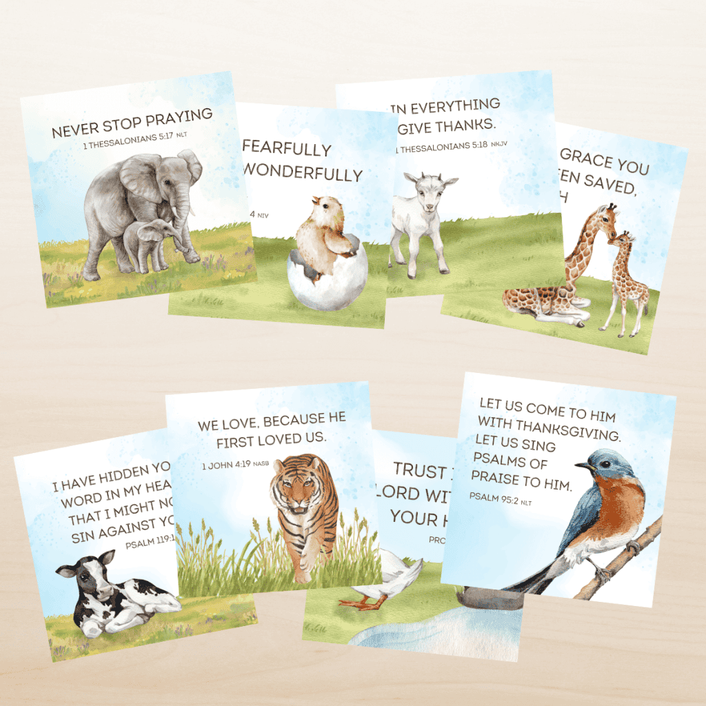 Animal Bible Verse Cards for Kids | 20 Scripture Memory Cards - She ...